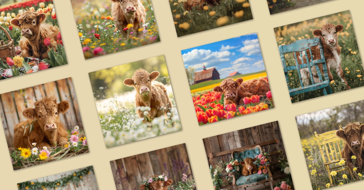 80 Spring Highland Cow Digital Backgrounds - Flower Fields, Boho, Tulip ...
