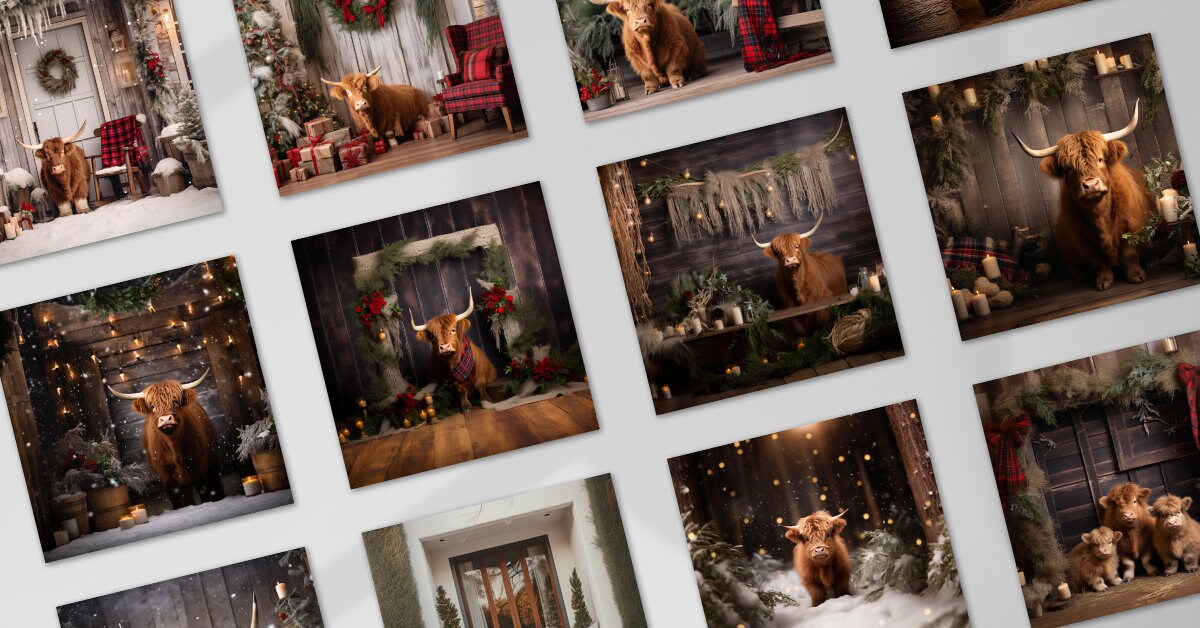 25 Highland Cows Christmas Digital Backgrounds - Farm, Barn, Lights ...