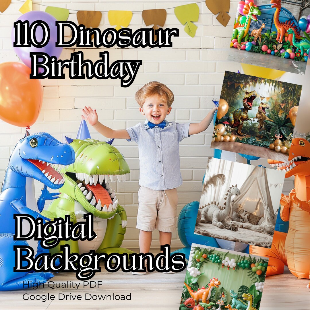 110 Dinosaur Birthday Digital Backgrounds - Forest, T-rex, Balloons ...