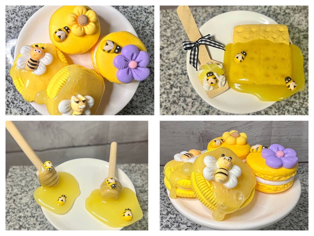 Bee Cookies, Bee Macarons, Fake Food, Honey Dippers, Tiered Tray Decor ...