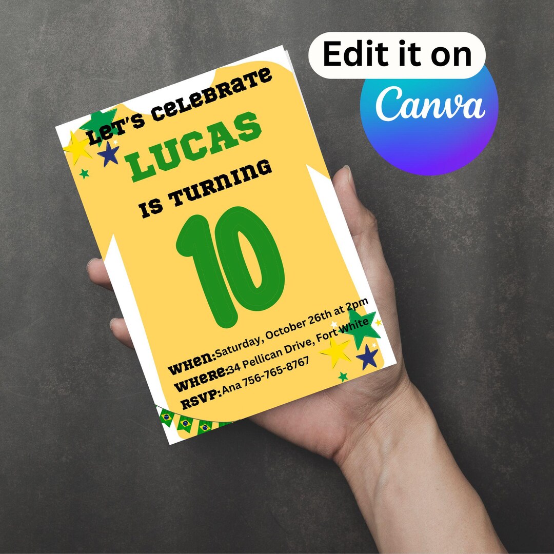 Brazil Birthday Invitation, Brazil Soccer Printable Invitation, Brazil ...