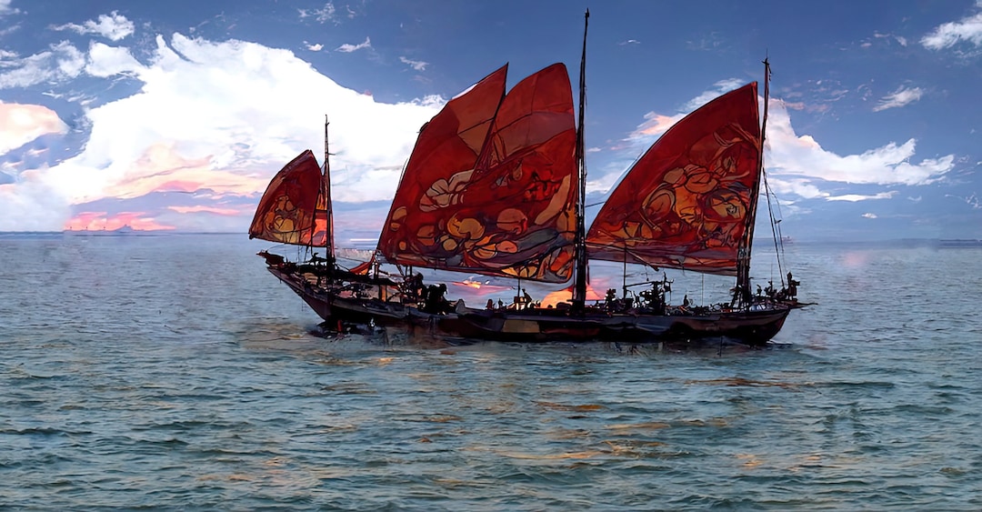 Traditional Chinese Junk Fishing Boat #4 Decorated Sails Setting Sun - Etsy