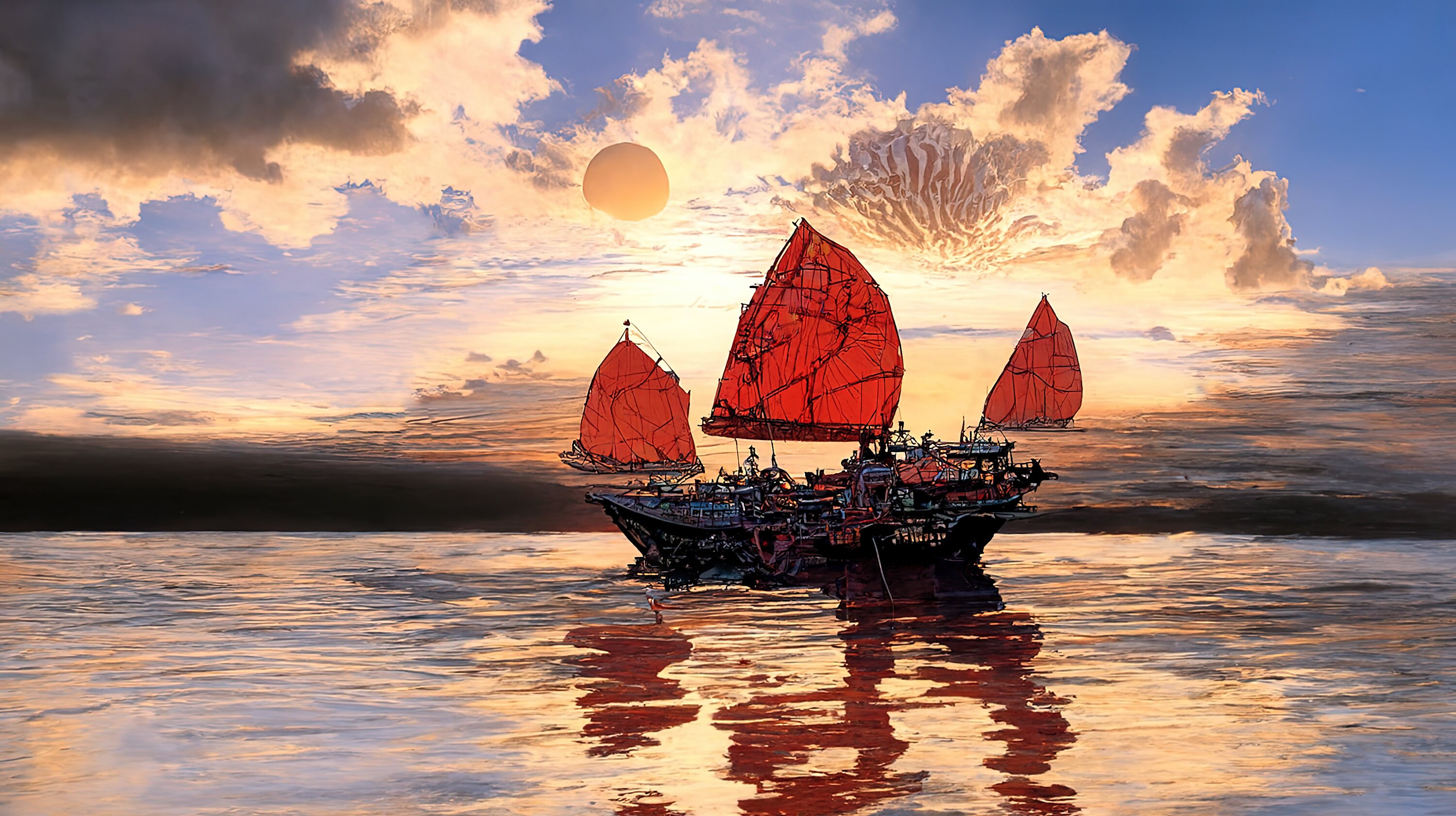 Traditional Chinese Junk Fishing Boat With Setting Sun - Etsy
