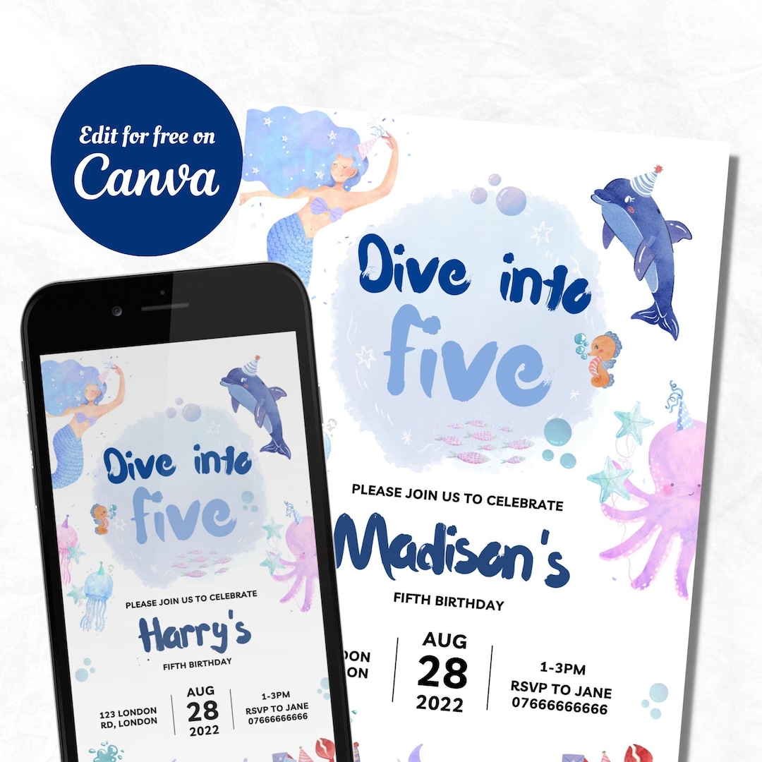 Dive Into Five Under the Sea 5th Birthday Party Invitation 5 Years Old ...