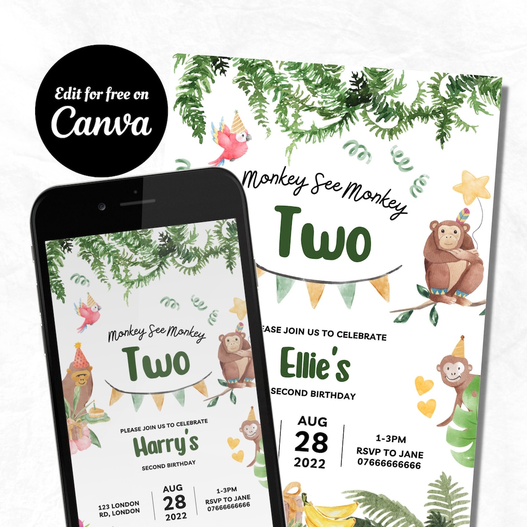 Monkey See Monkey Two 2nd Birthday Invite Two Years Old Customisable ...