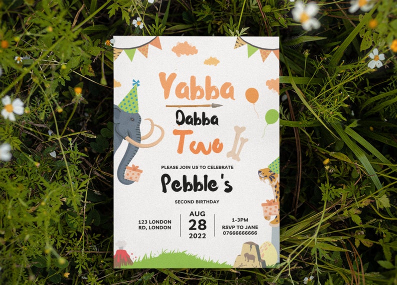 Yabba Dabba Two 2nd Birthday Invite 2 Years Old Customisable ...