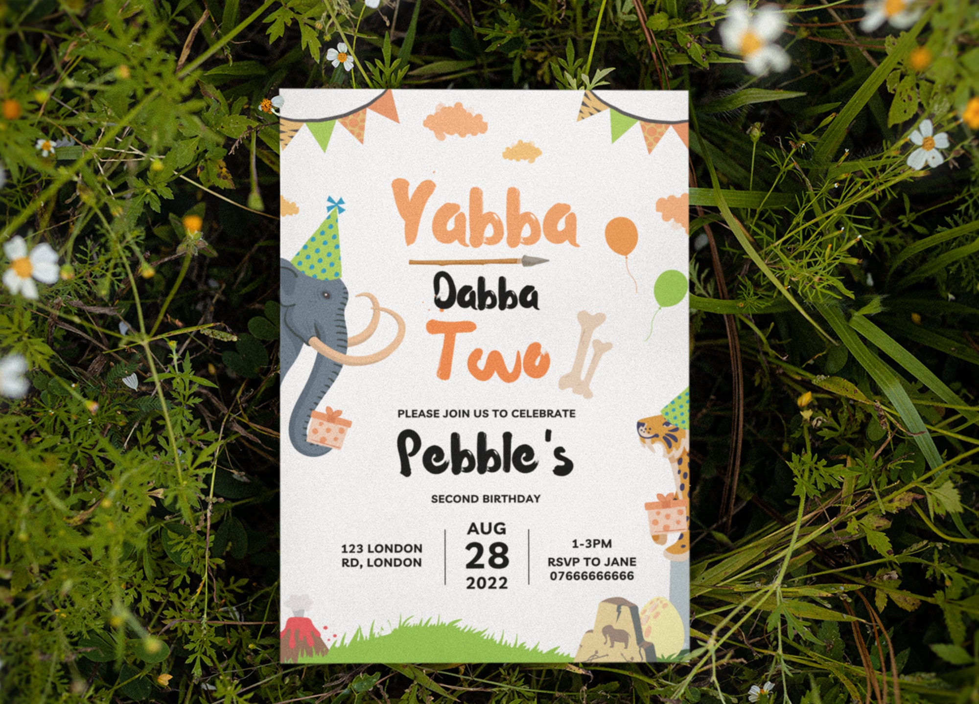 Yabba Dabba Two 2nd Birthday Invite 2 Years Old Customisable ...