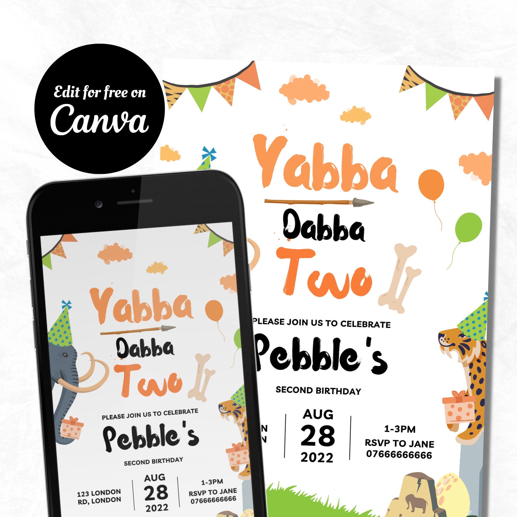 Yabba Dabba Two 2nd Birthday Invite 2 Years Old Customisable ...