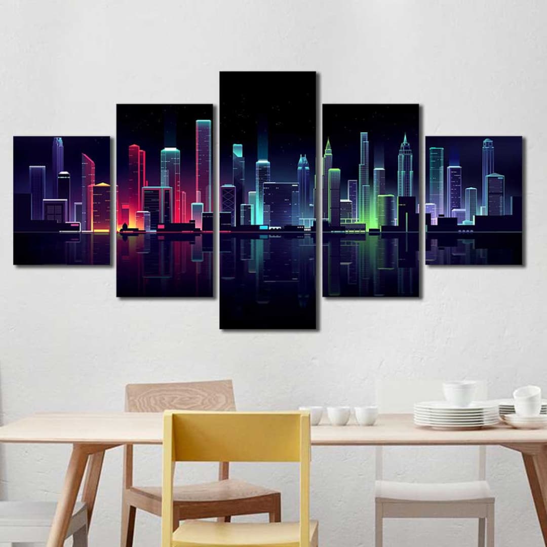 Colorful Neon Digital City Buildings Framed or Print-only 5-piece 4 ...