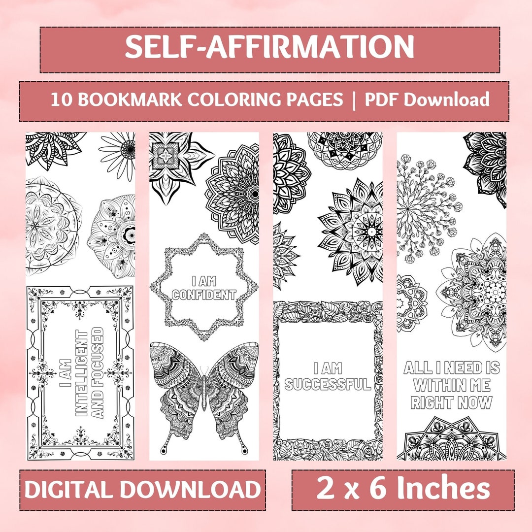 Self-affirmations Printable Coloring Bookmarks Set of 10, DIGITAL ...