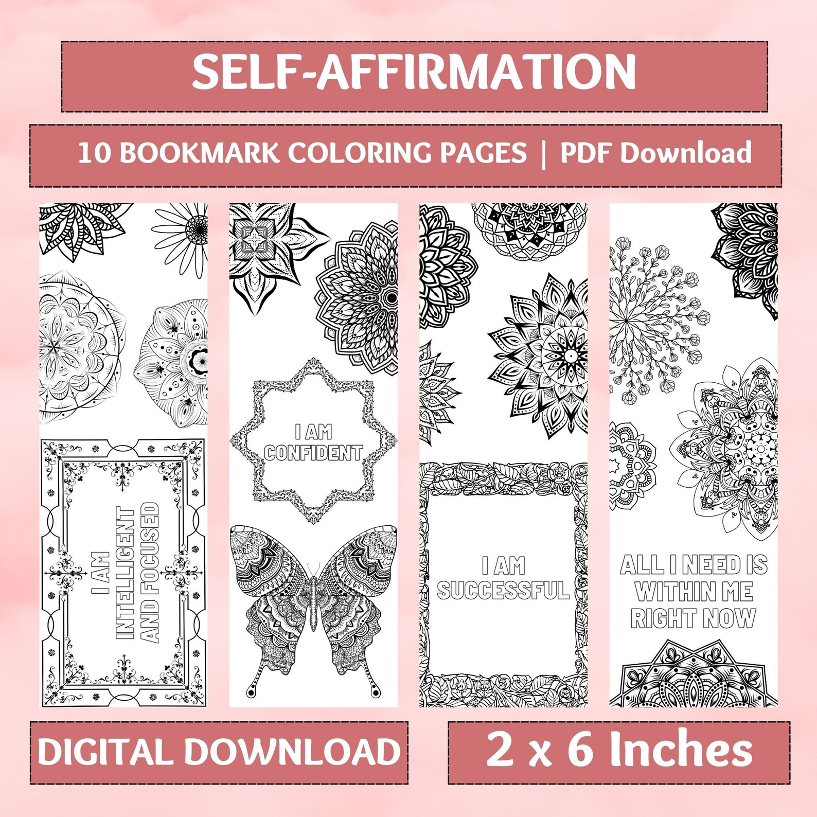 Self-affirmations Printable Coloring Bookmarks Set of 10, DIGITAL ...
