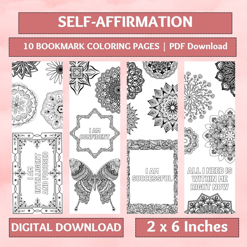 Self-affirmations Printable Coloring Bookmarks Set of 10, DIGITAL ...