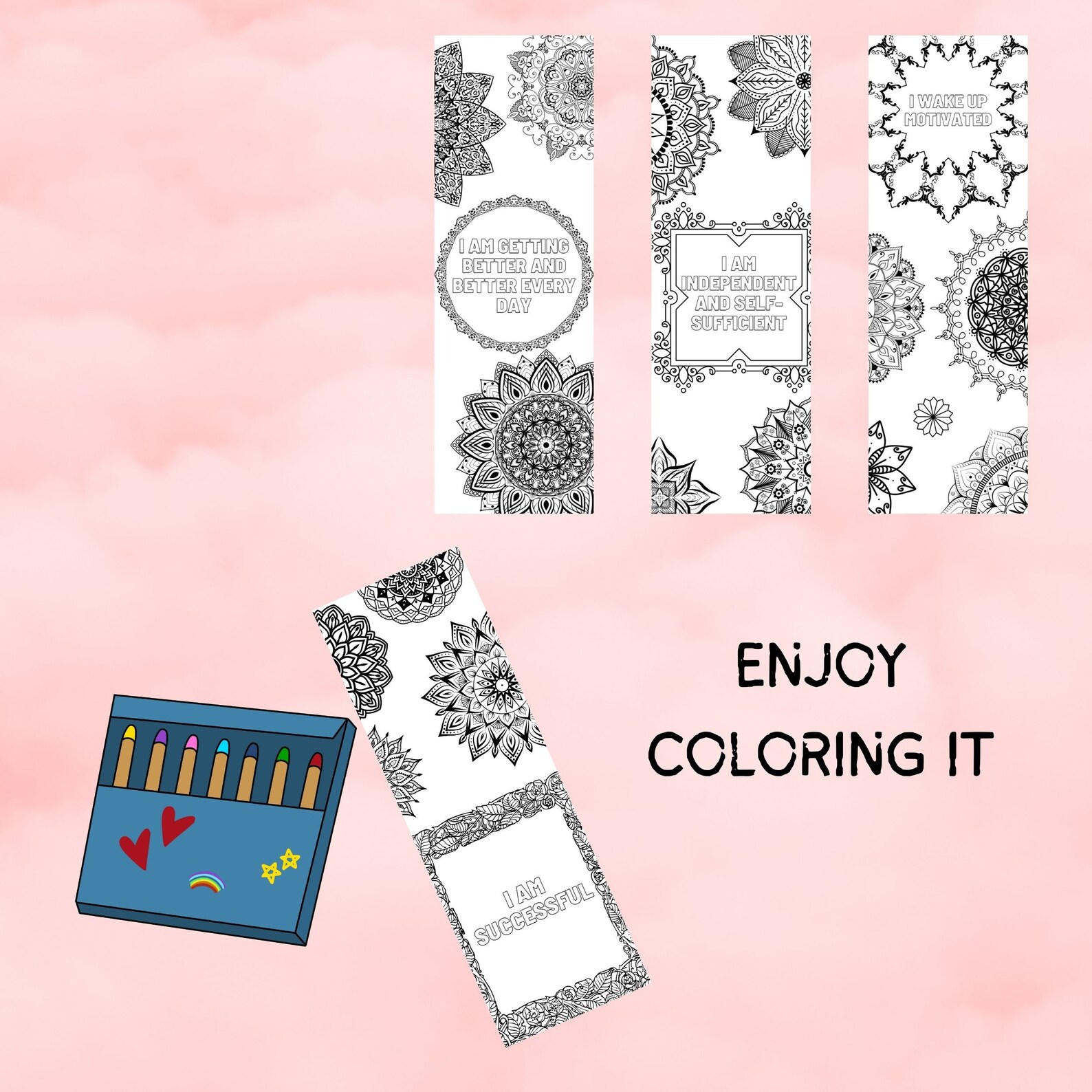 Self-affirmations Printable Coloring Bookmarks Set of 10, DIGITAL ...