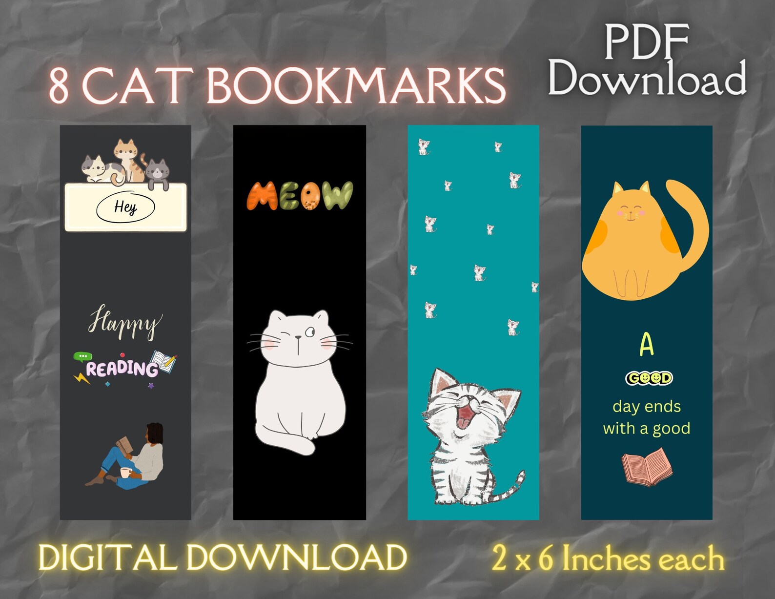 8 Cute Cat Colorful Bookmarks Digital Download Printable Cat Bookmarks ...