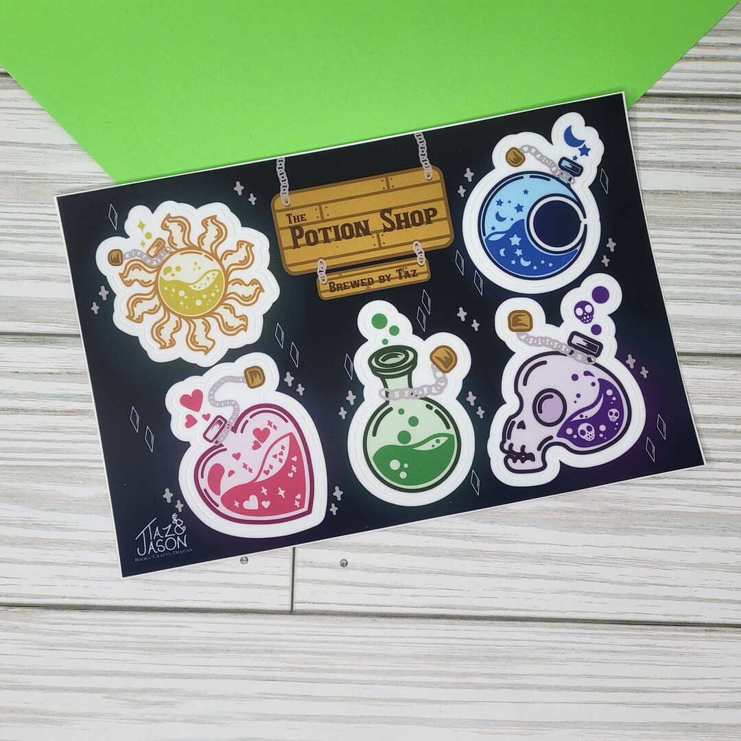 Potion Bottles 5 Sticker Matte Vinyl Sticker Sheet Sun Moon Heart Skull ...