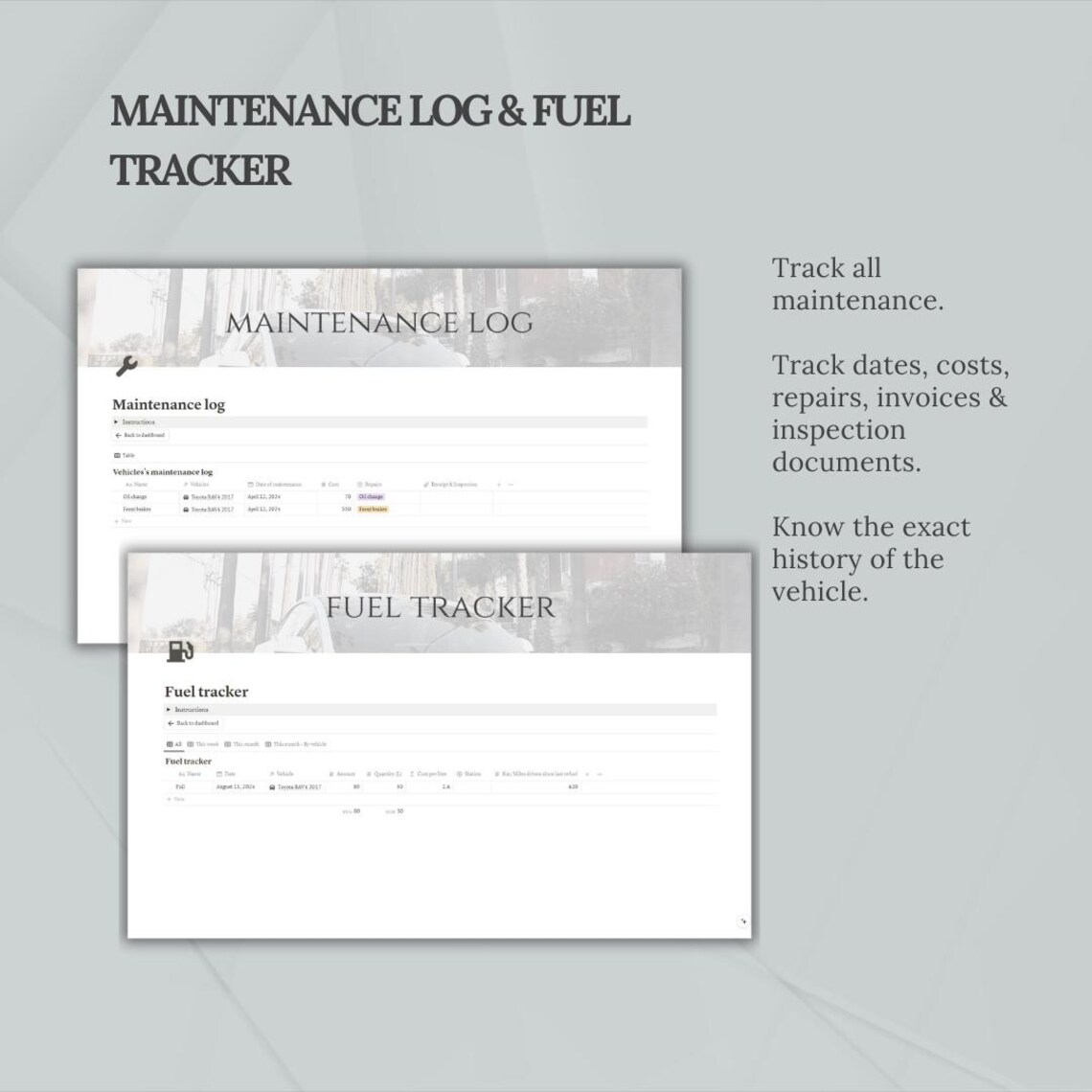 Notion Template Vehicle Management | Maintenance Log, Fuel Tracker ...