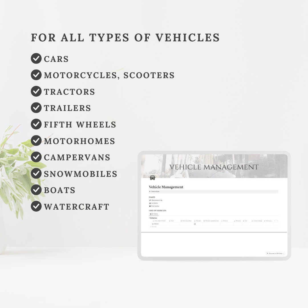 Notion Template Vehicle Management Planner, Car Management, Maintenance ...