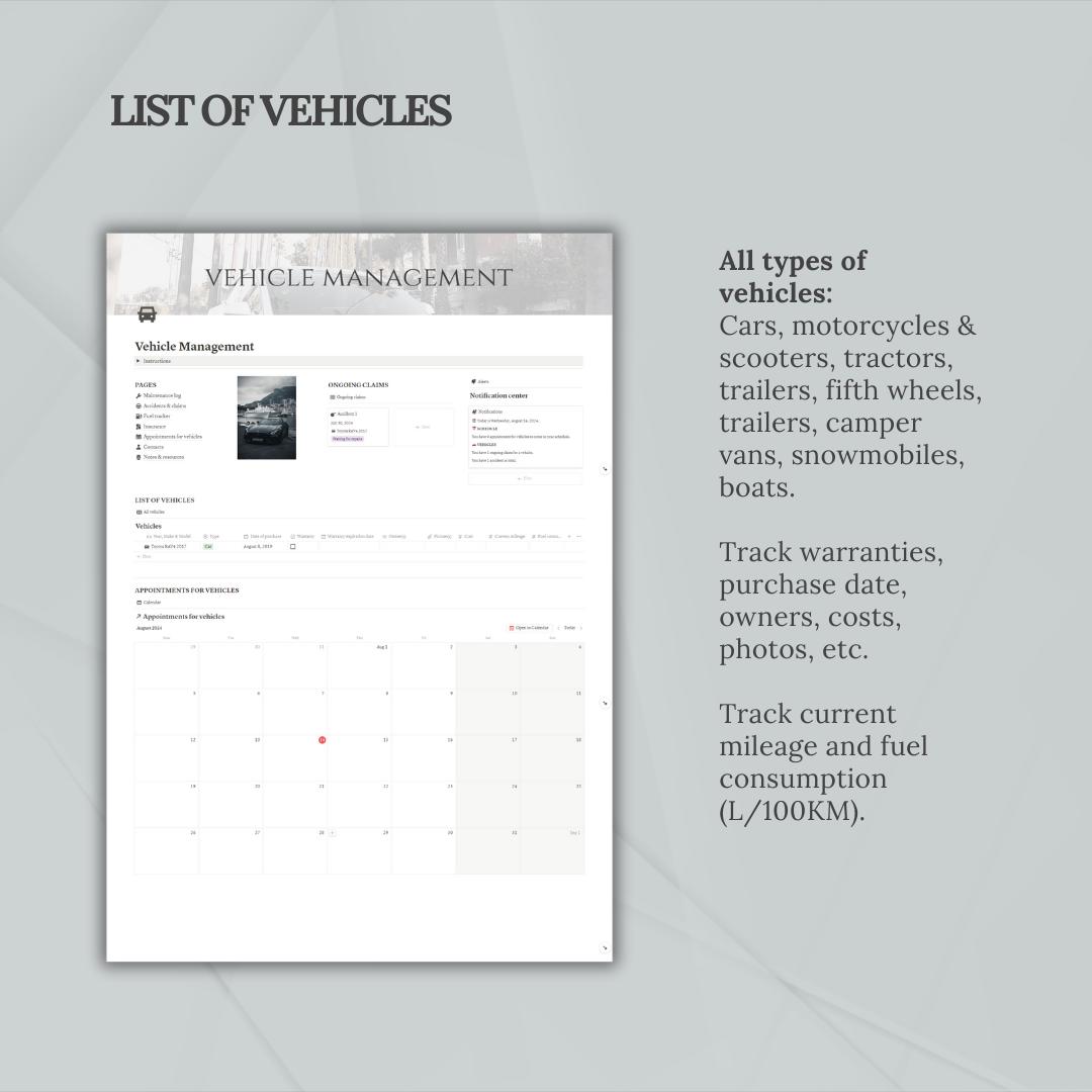 Notion Template Vehicle Management | Maintenance Log, Fuel Tracker ...
