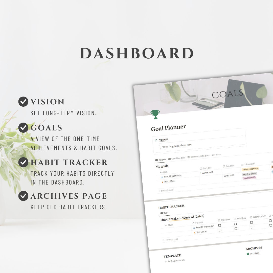 Notion Goal Planner Template Goal Tracker Notion Dashboard Life Planner ...