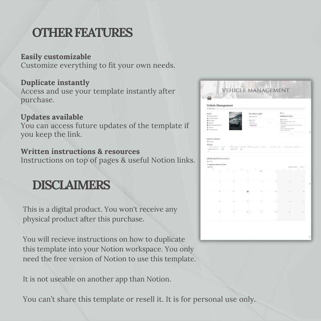 Notion Template Vehicle Management | Maintenance Log, Fuel Tracker ...
