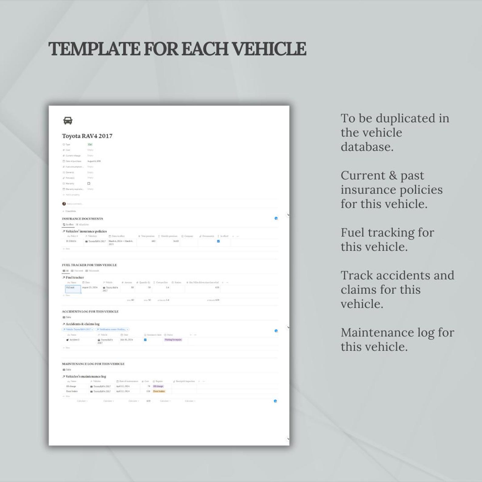Notion Template Vehicle Management | Maintenance Log, Fuel Tracker ...