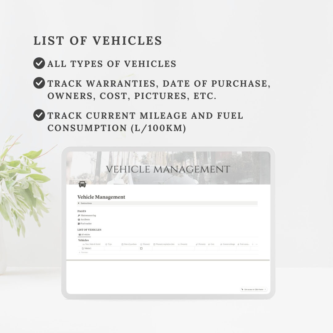 Notion Template Vehicle Management Planner, Car Management, Maintenance ...