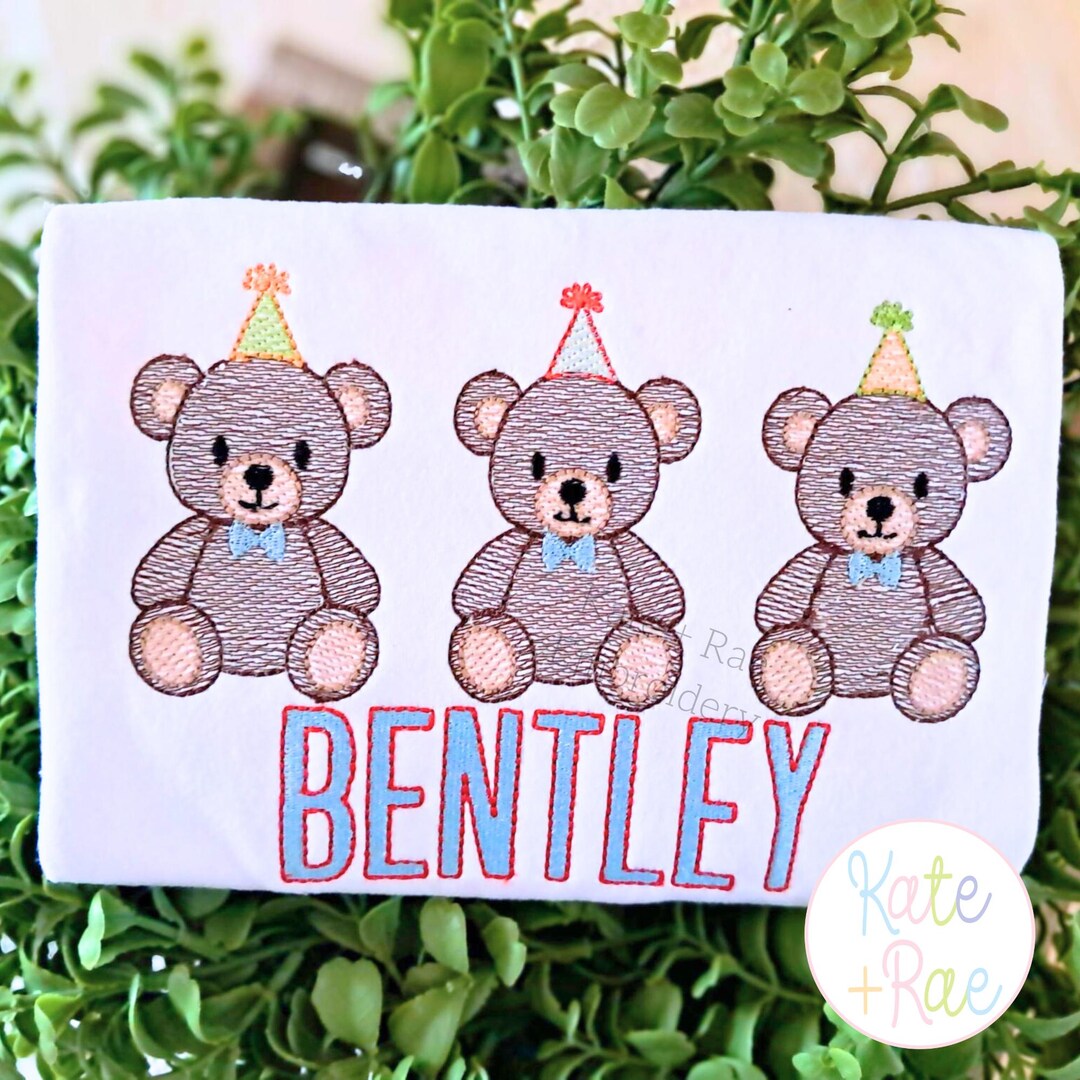 Boy's Teddy Bear Birthday Trio Sketch Stitch Embroidery Design ...