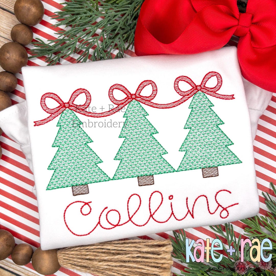Girls Motif Fill Christmas Tree Trio With Connecting Bows Embroidery ...