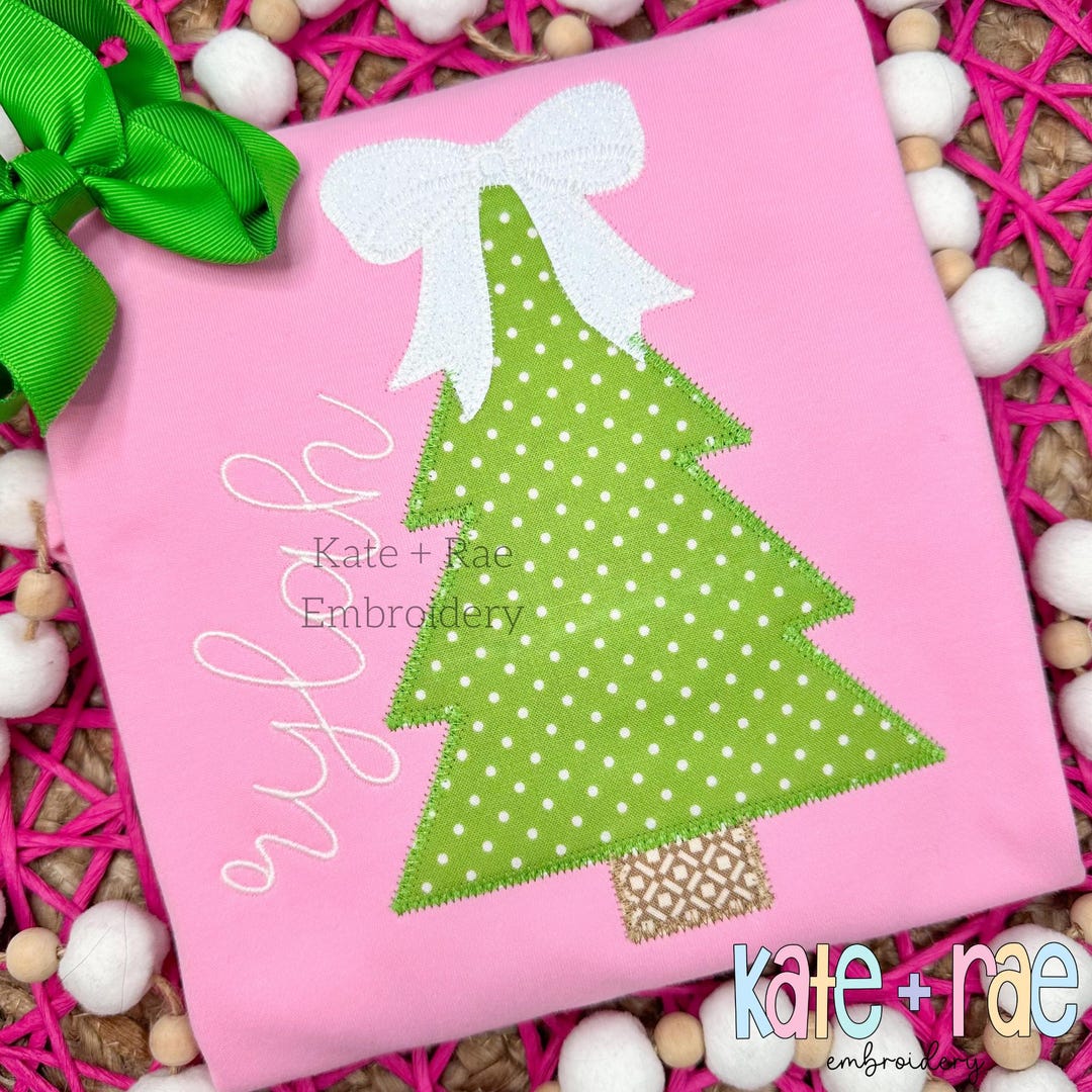 Girls Christmas Tree With Kinley Bow Zigzag Applique Embroidery Design ...