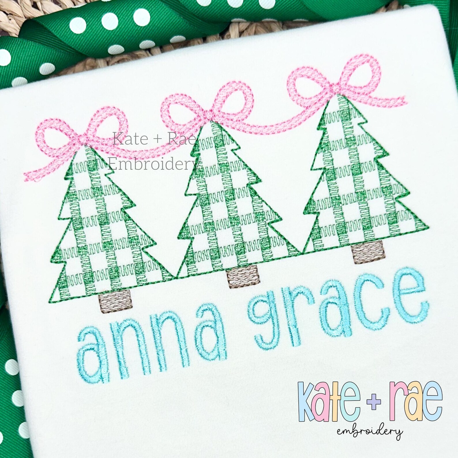 Girls Plaid Christmas Tree Trio With Connecting Bows Embroidery Design ...