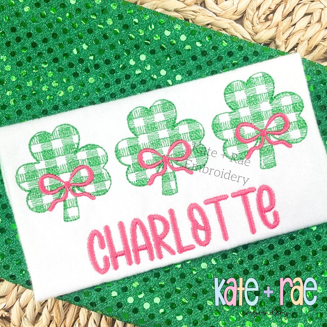 Plaid Shamrock Trio With Bows Sketch Stitch Embroidery Design • Girl's ...