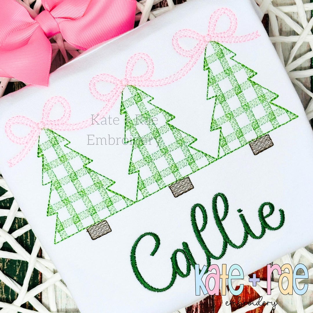 Girls Plaid Christmas Tree Trio With Connecting Bows Embroidery Design ...