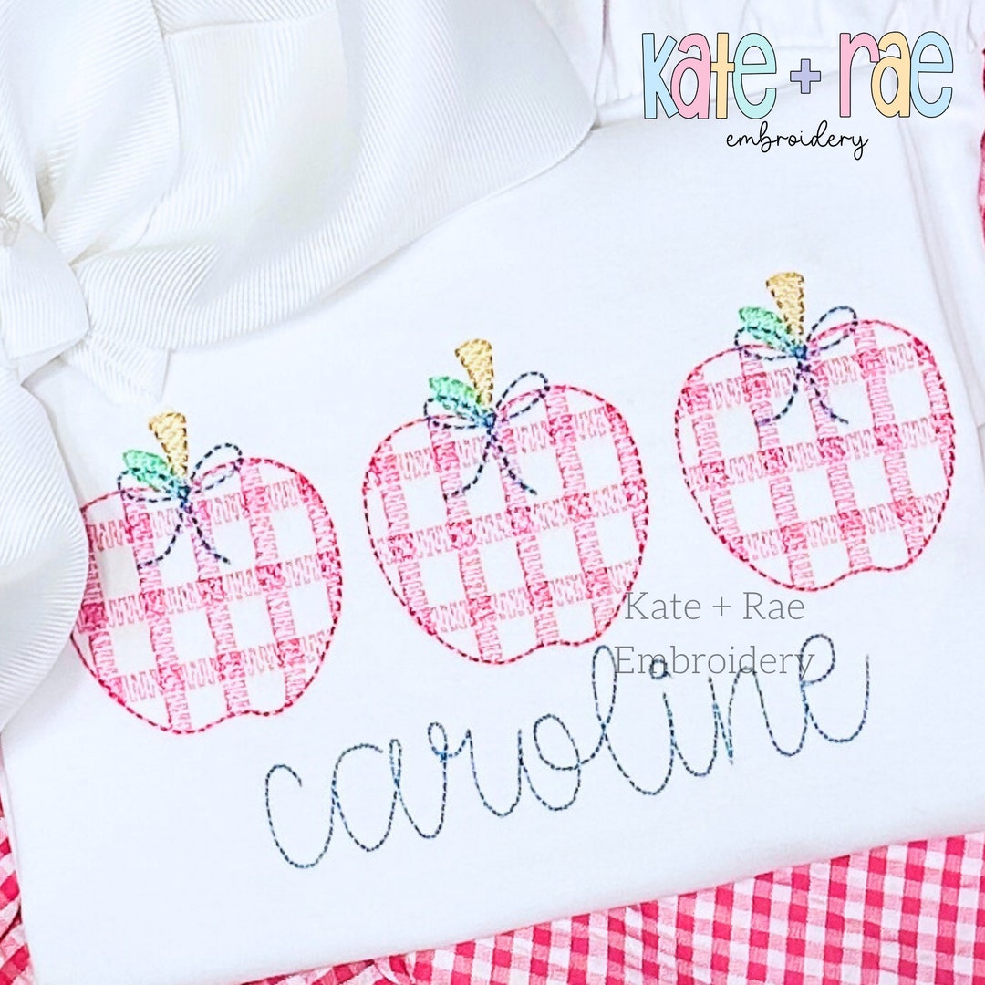 Girls Plaid Filled Apple Trio Embroidery Design - Girls Back to School ...