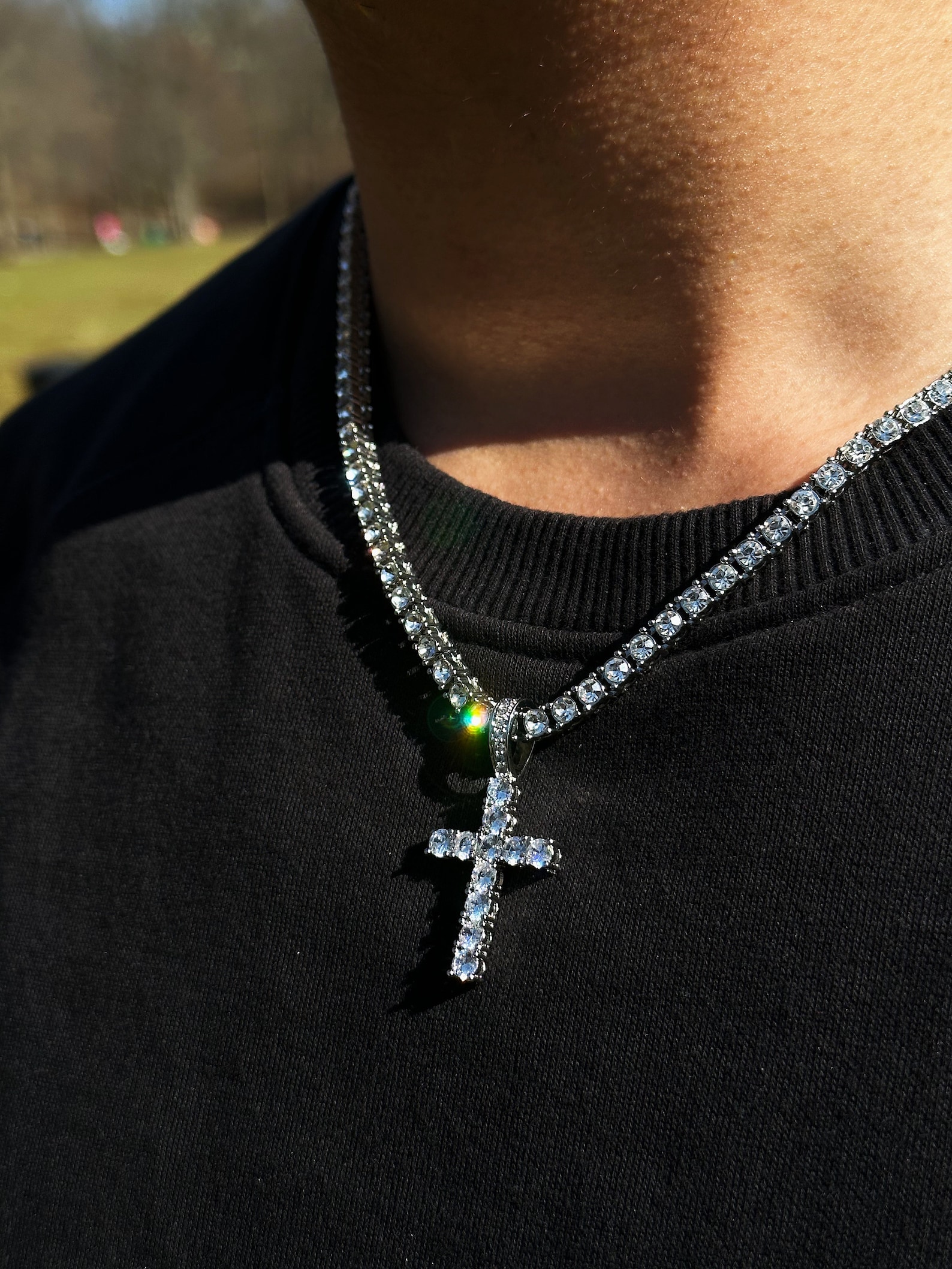 Silver Iced Out Cross Pendant Tennis Chain. Religious Chain Pendant ...