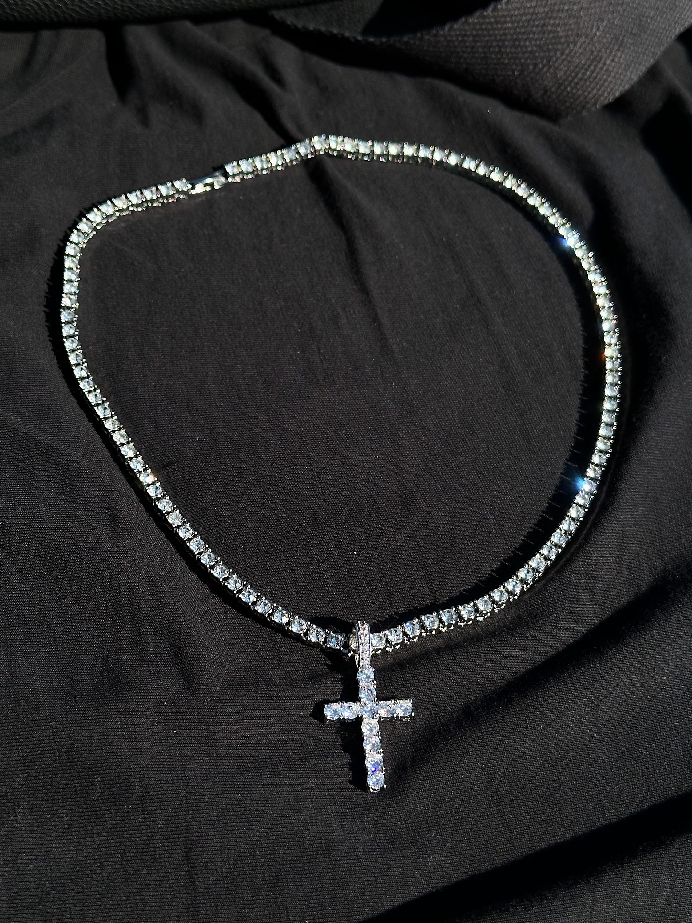 Silver Iced Out Cross Pendant Tennis Chain. Religious Chain Pendant ...