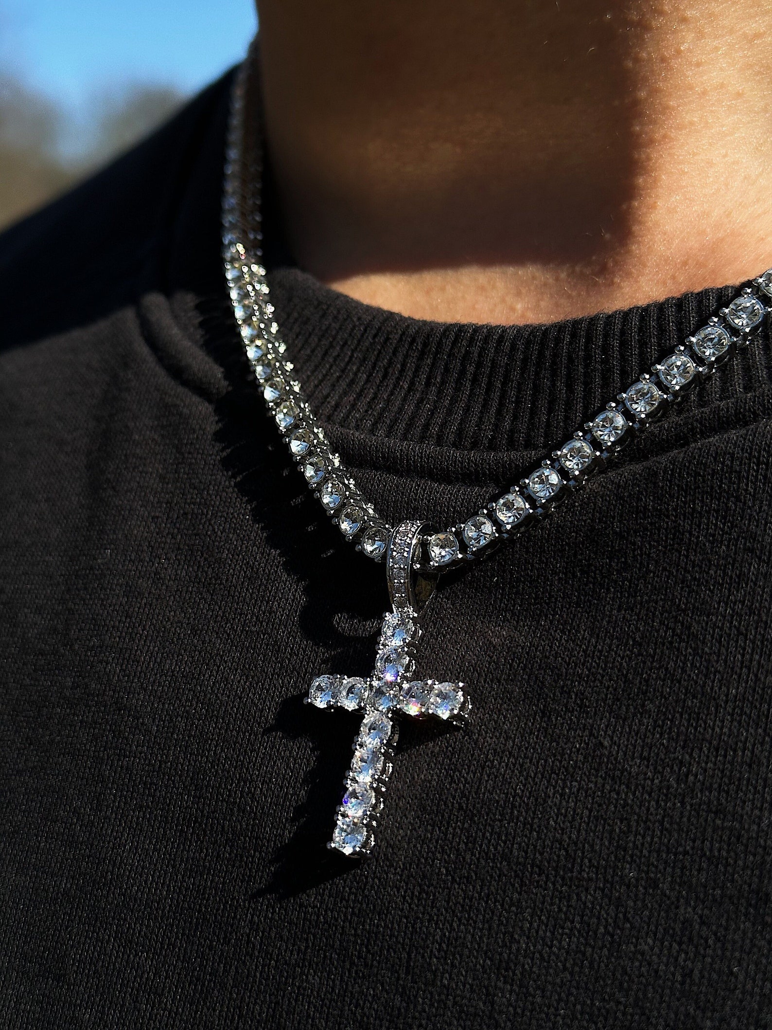 Silver Iced Out Cross Pendant Tennis Chain. Religious Chain Pendant ...