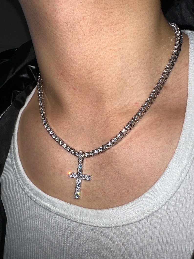 Silver Iced Out Cross Pendant Tennis Chain. Religious Chain Pendant ...
