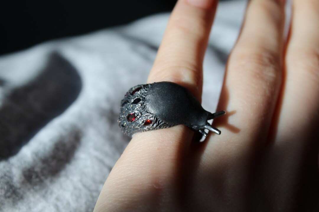 Garnet and Black Sapphire Slug Ring, Snail Jewellery, Contemporary ...