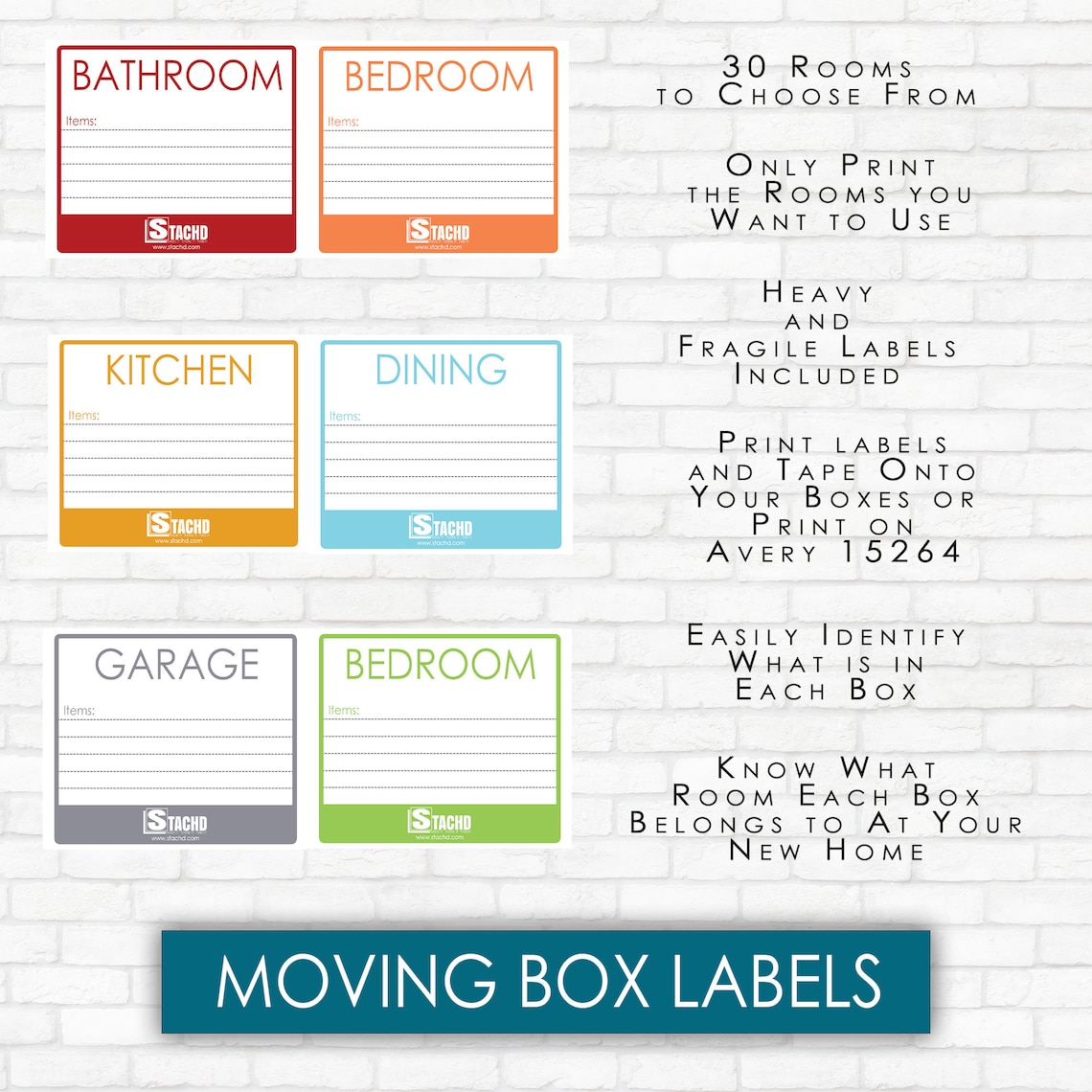 Printable Moving Box Labels, 30 Rooms, Multi Colored, Digital Download ...