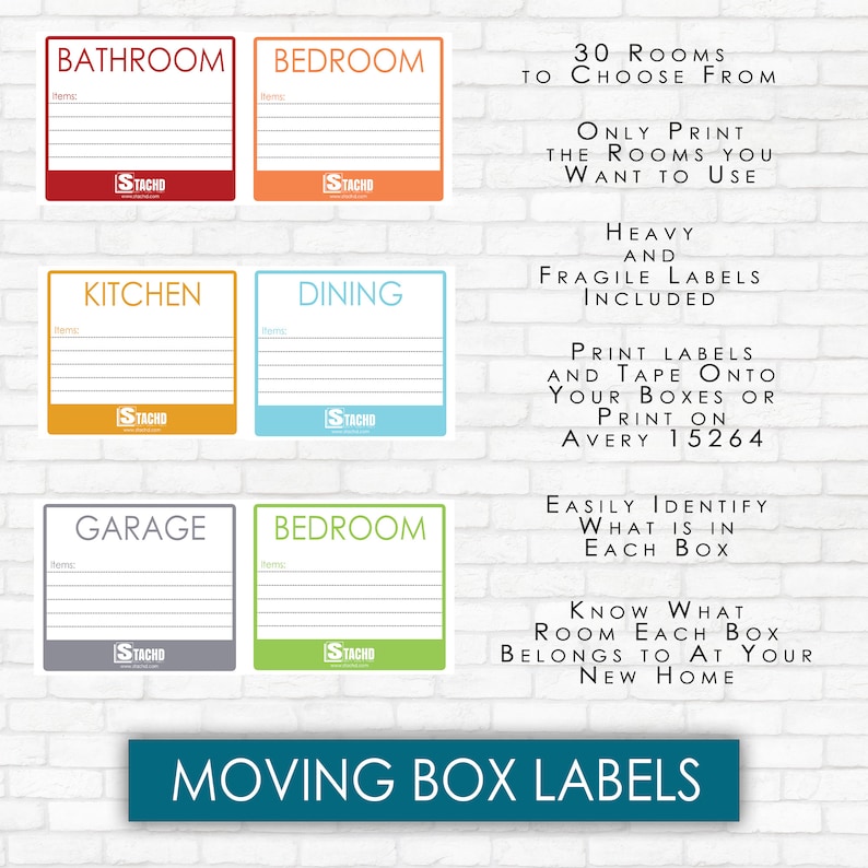 Printable Moving Box Labels, 30 Rooms, Multi Colored, Digital Download ...