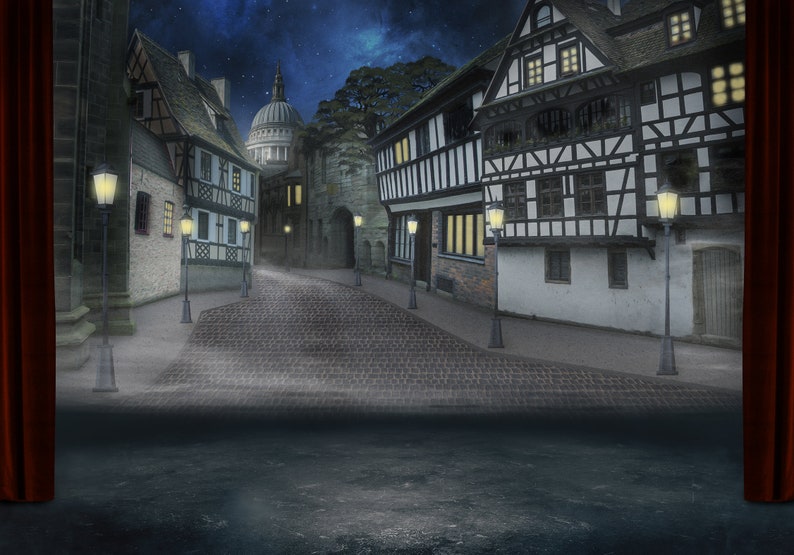 Old Street Scene at Night With Fog Stage Backdrop Digital Format for ...