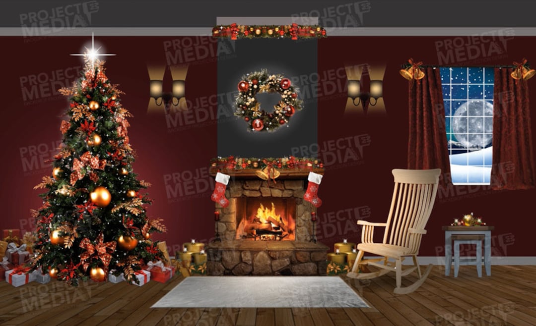 Animated Christmas and Winter Fireplace With Red Walls Stage Backdrop ...