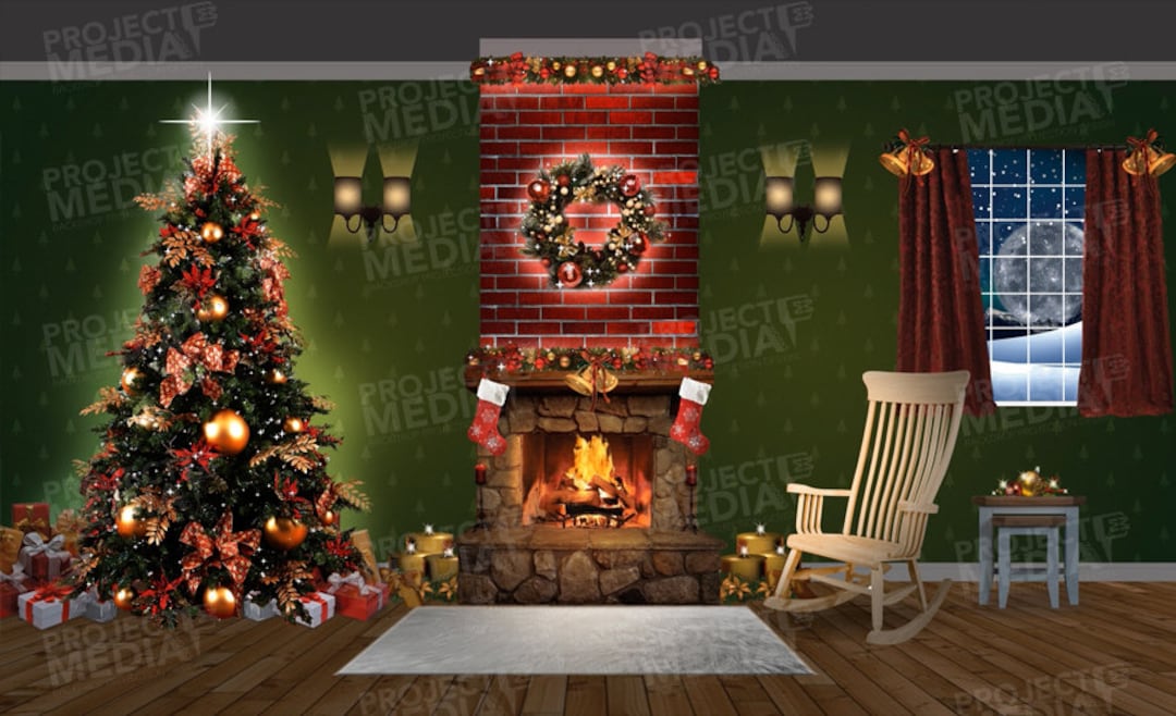 Animated Christmas and Winter Fireplace With Green Walls Stage Backdrop ...