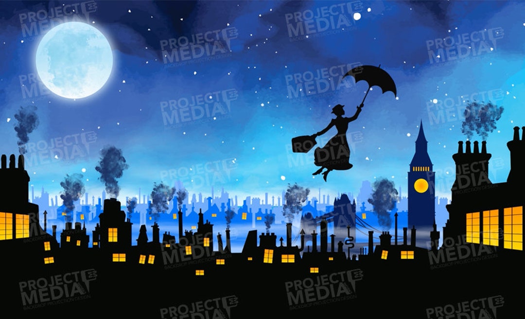 Animated Night Sky With Silhouette of Mary Poppins Flying Across London ...