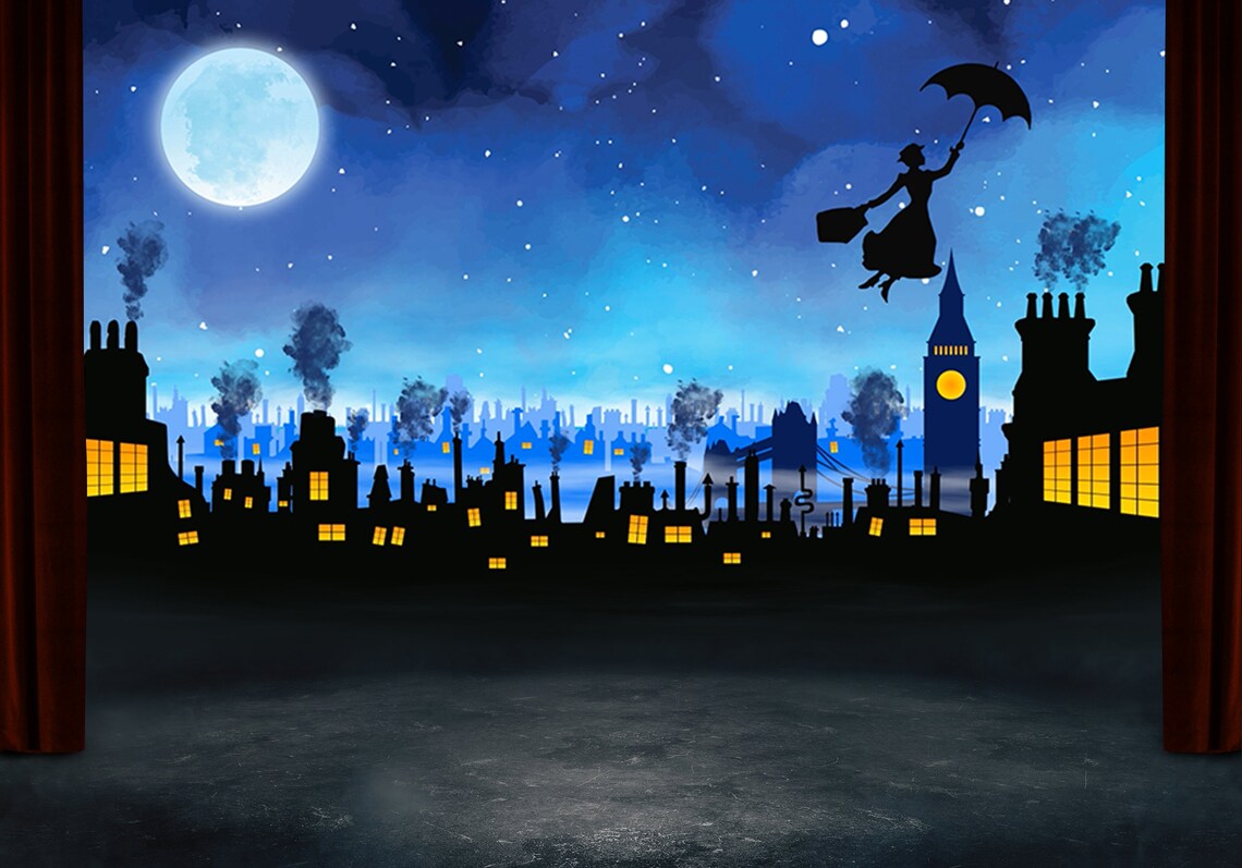 Animated Night Sky With Silhouette of Mary Poppins Flying Across London ...
