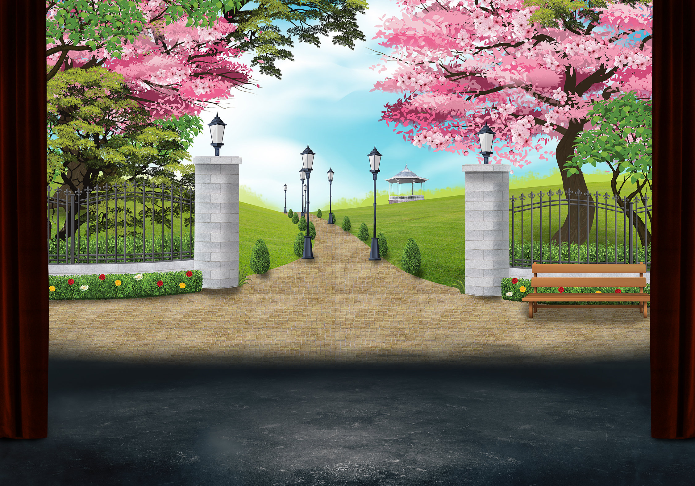Colourful Park / Green Area Gates Stage Backdrop in Digital Format for ...