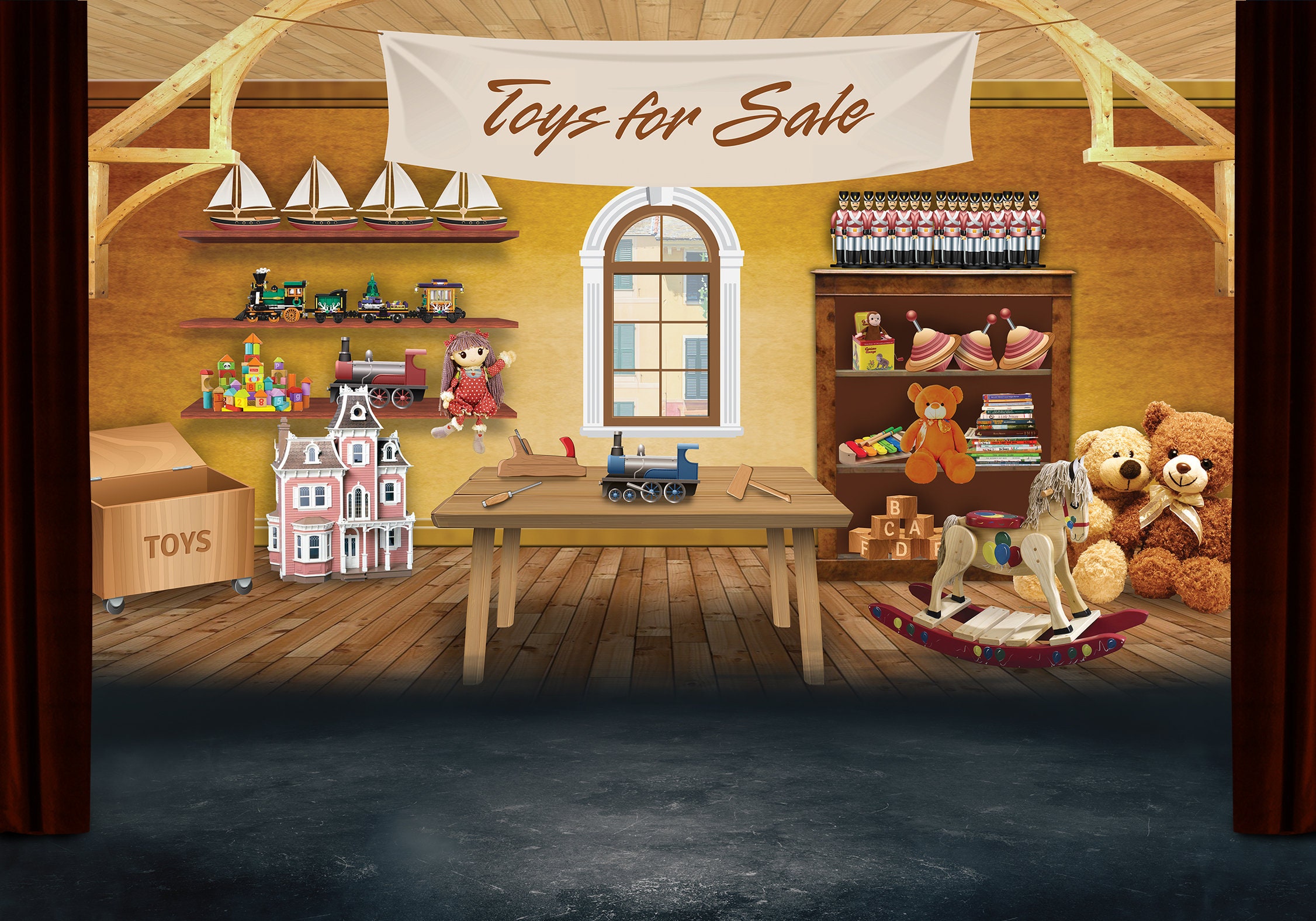 Toyshop / Workshop Stage Backdrop in Digital Format for Projection Onto ...
