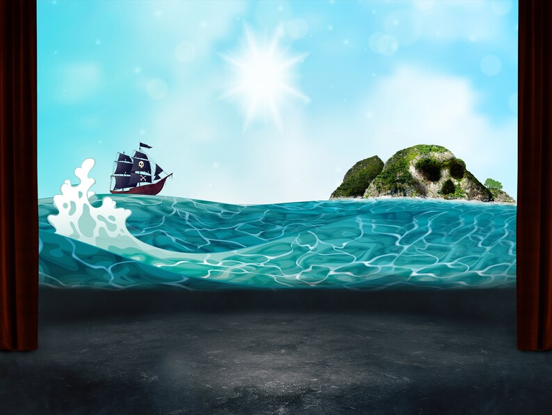 Pirate Ship Destined for a Skull Shaped Island, Stage Backdrop in ...