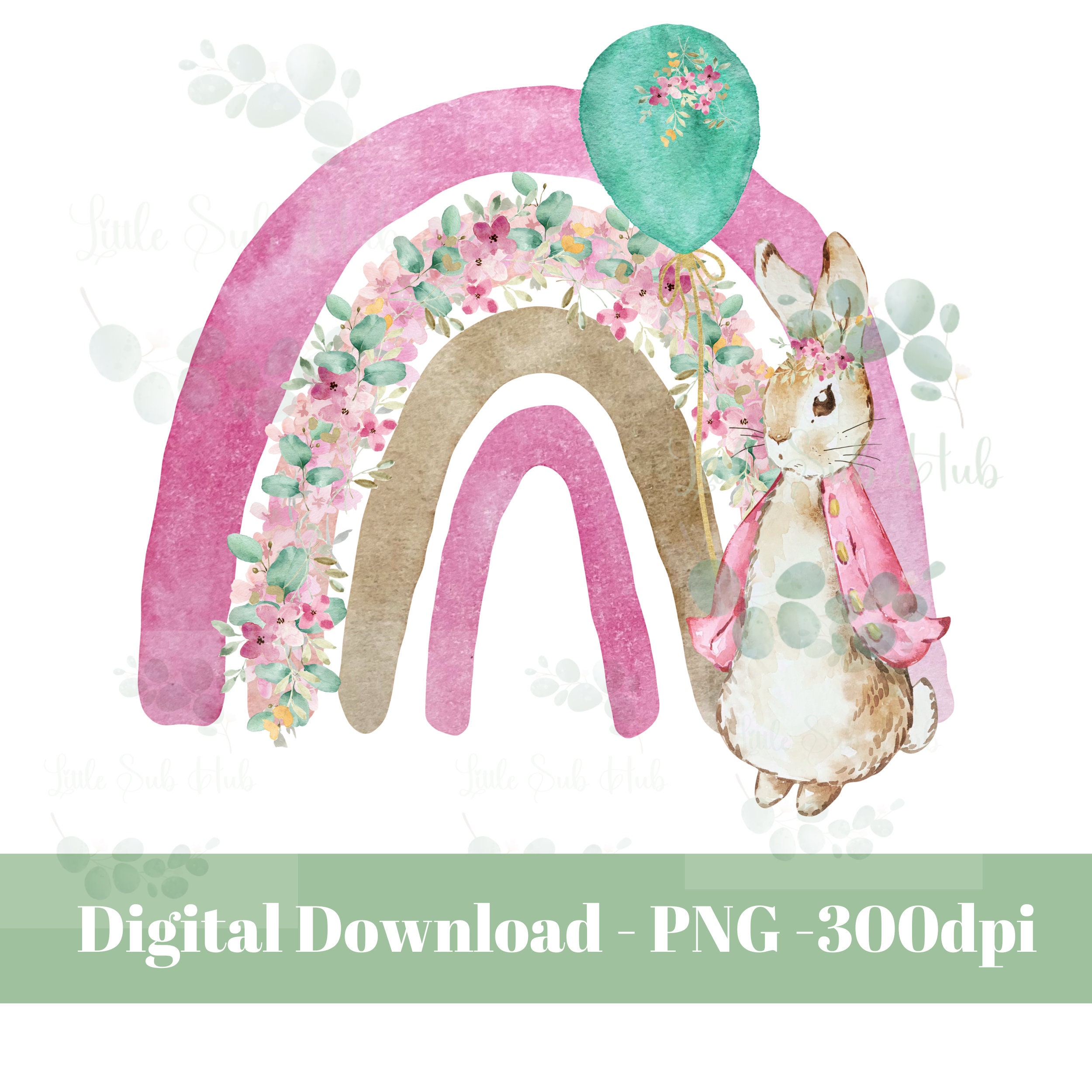 Flopsy Rabbit Pink Floral Rainbow PNG Sublimation Design/bunny Clipart ...