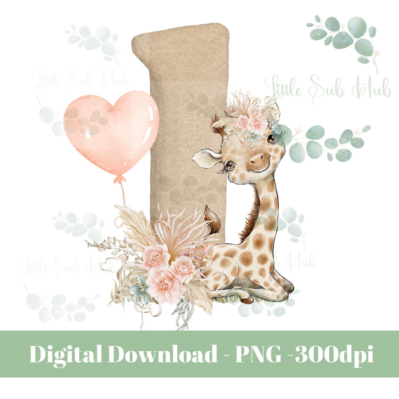 First Birthday Boho Safari Giraffe Floral Number 1 Sublimation Design ...